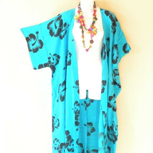 Sweaters | Cd528 Aqua Hibiscus Batik Women Open Front Maxi Cover Up Fit ...